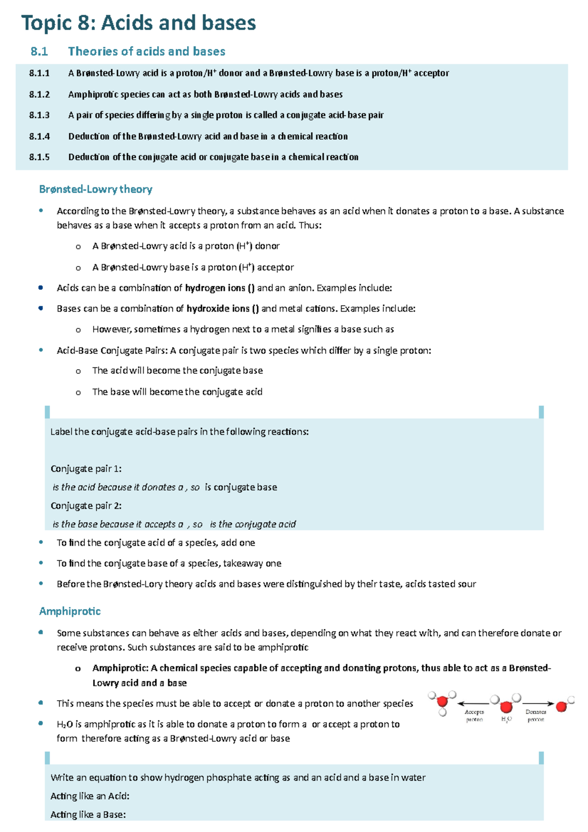 chemistry review note 9 - Topic 8: Acids and bases 8 Theories of acids and bases 8.1 A - Studocu
