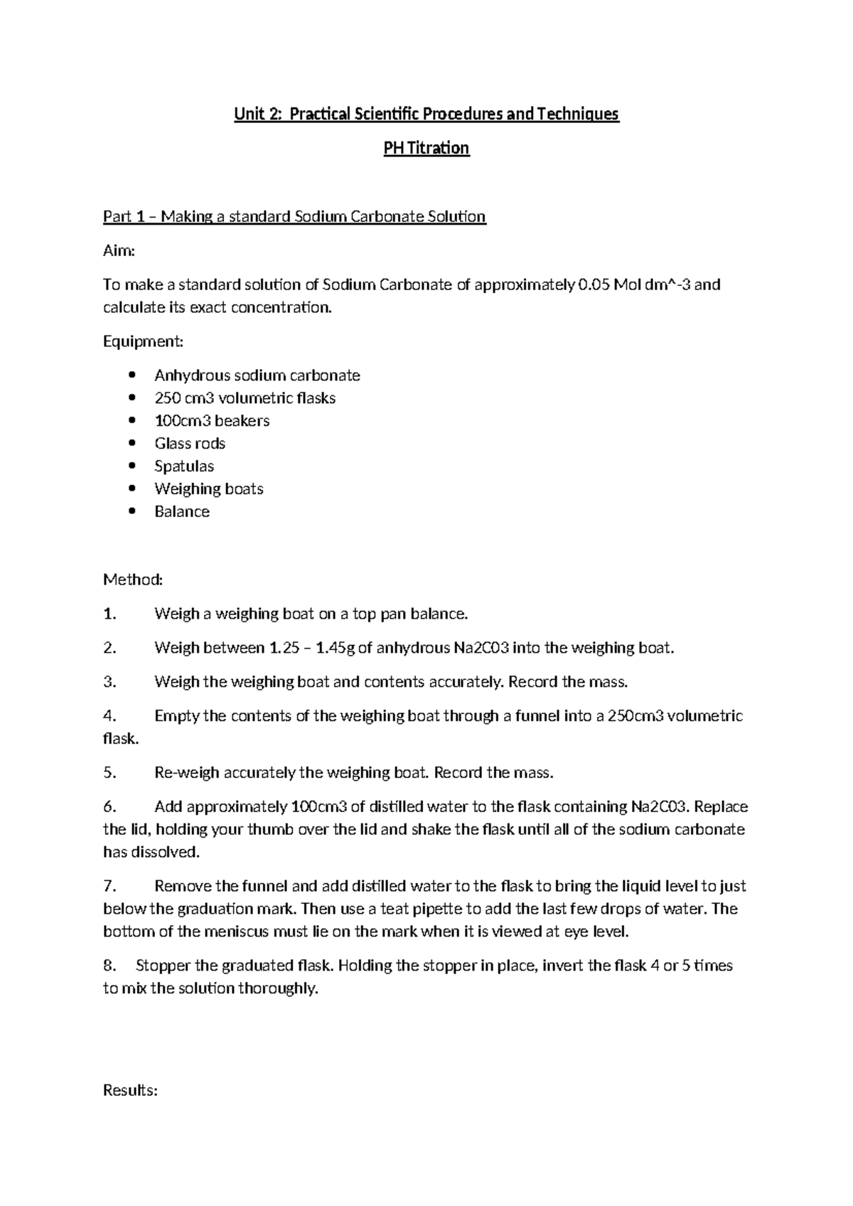 Unit 2 PH titration - Unit 2: Practical Scientific Procedures and Techniques PH Titration Part 1 ...