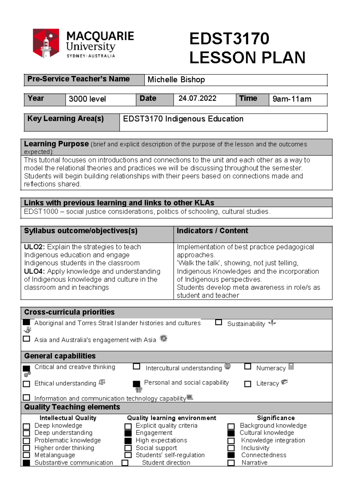 Asessment 2 EDST3170 exemplar - EDST LESSON PLAN Pre-Service Teacher’s ...
