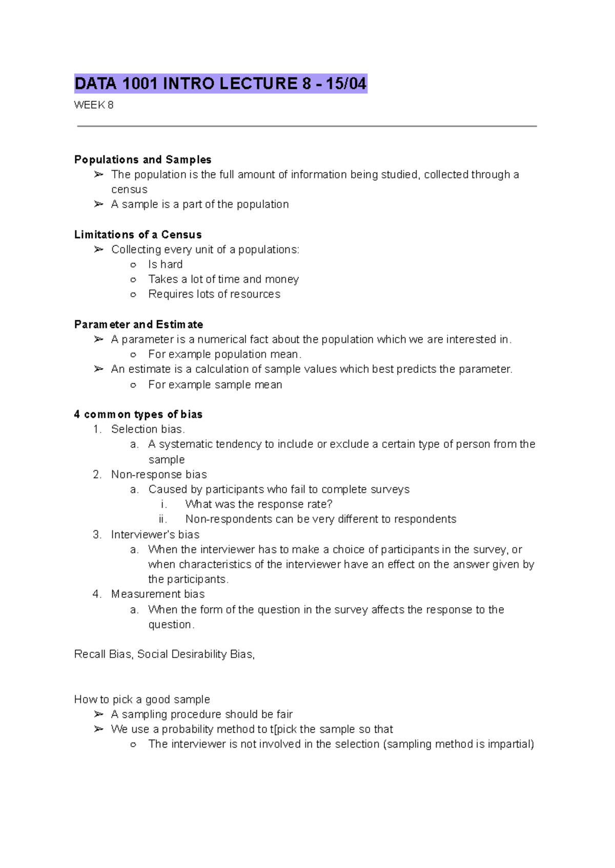 Data 1001 weekly lecture week 8 - DATA 1001 INTRO LECTURE 8 - 15/ WEEK 8 Populations and Samples ...