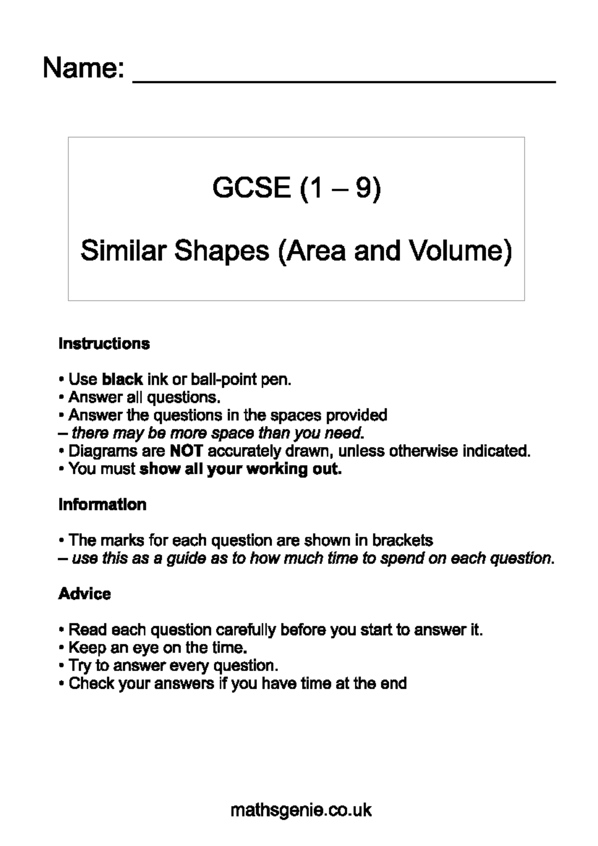 Similar Shapes - Length, Area and Volume Homework - Name: GCSE Similar ...