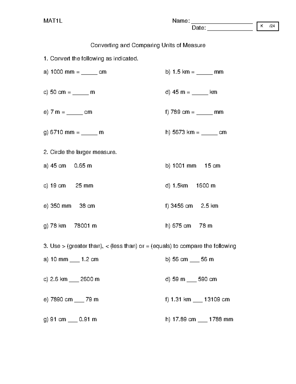 01 - converting and comparing units of measure practice - MAT1L Name