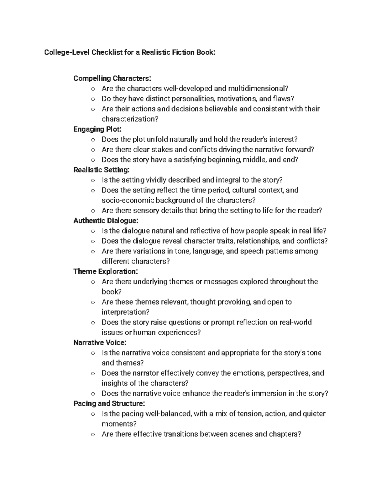 College-Level Checklist for a Realistic Fiction Book - College-Level ...