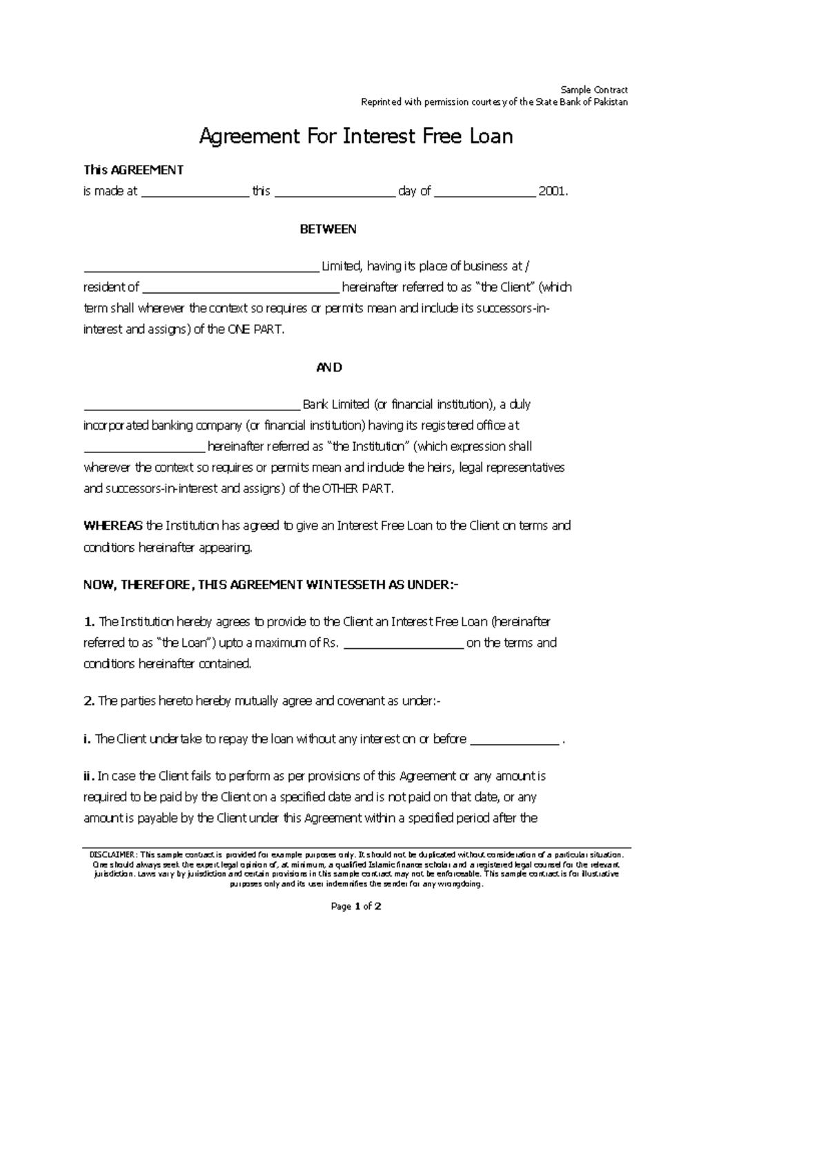 Agreement for interest free loan - Sample Contract Reprinted with ...