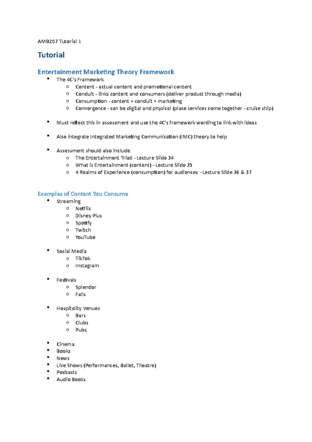 AMB207 Tutorial Notes - AMB207 Tutorial 1 Tutorial Entertainment ...