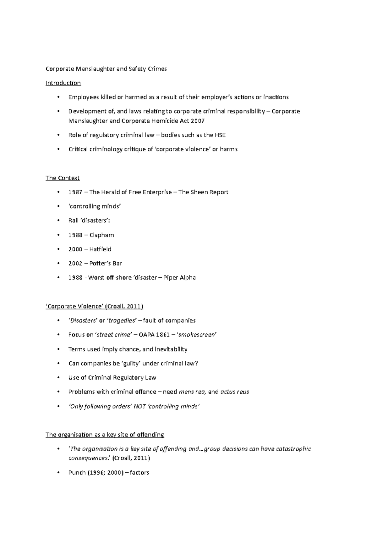 W10. Corporate manslaughter - Corporate Manslaughter and Safety Crimes ...