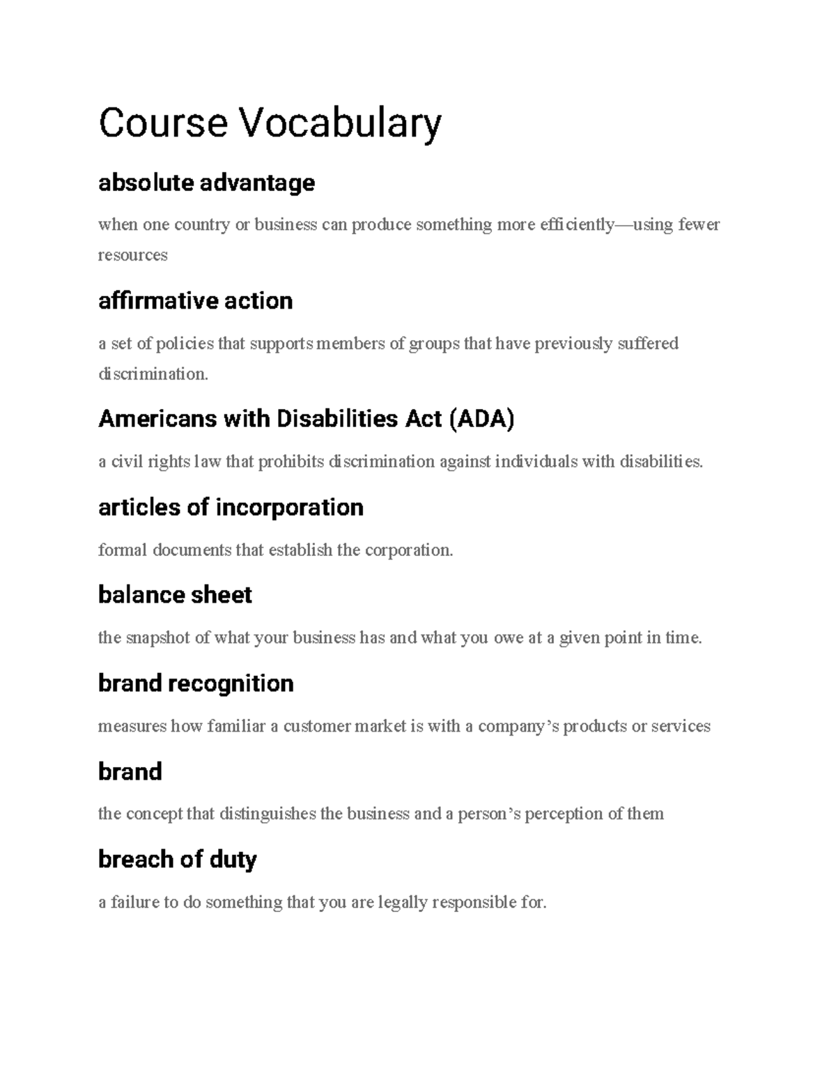 Entrepreneurship Unit 1 - Course Vocabulary absolute advantage when one ...