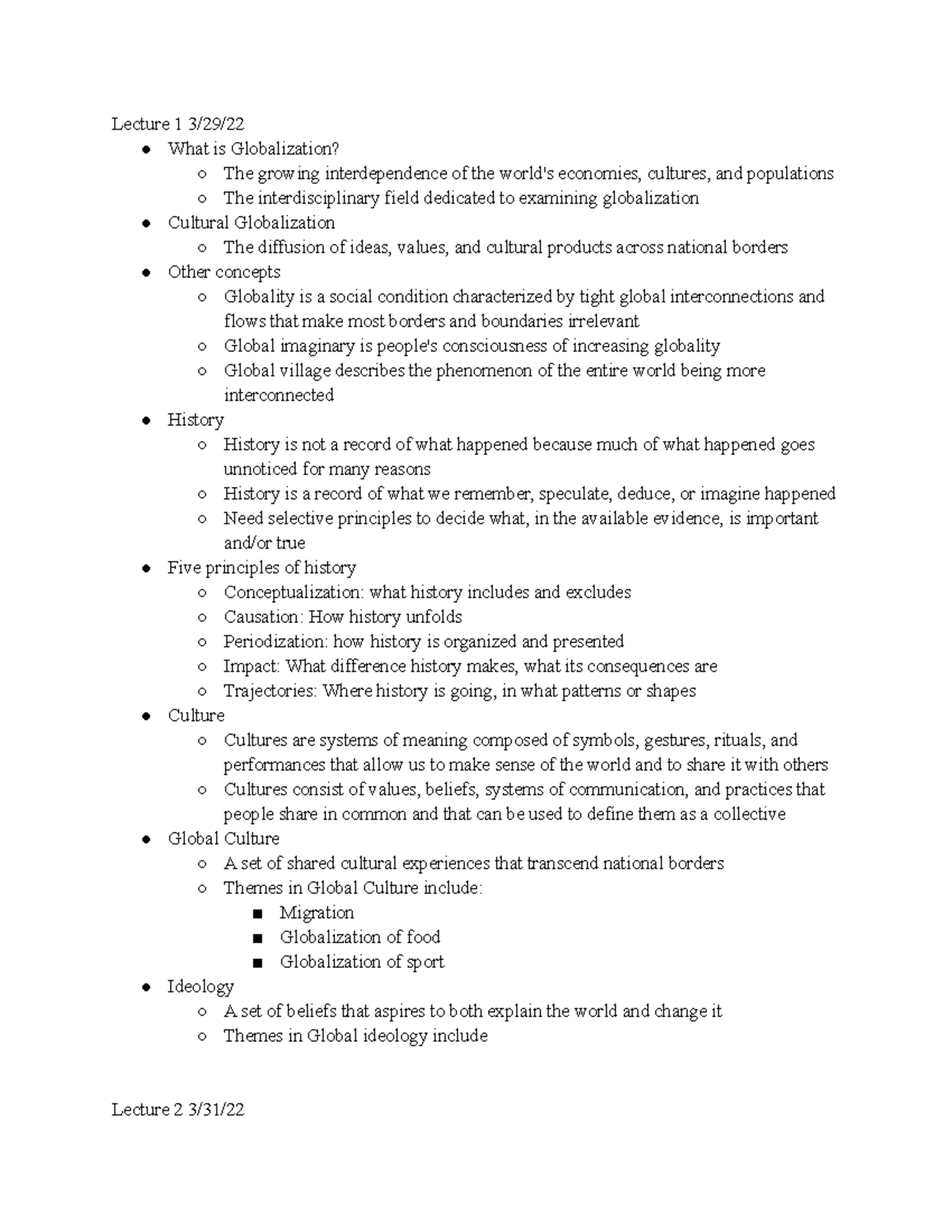 Global 1 Notes - Lecture 1 3/29/ What is Globalization? The growing ...
