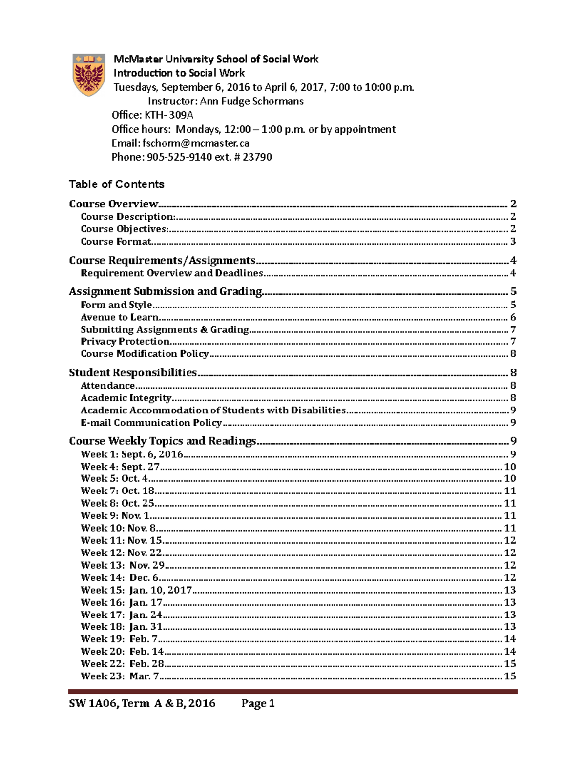 SOC WORK 1A06 2016 Course Outline Final tm - McMaster University School ...