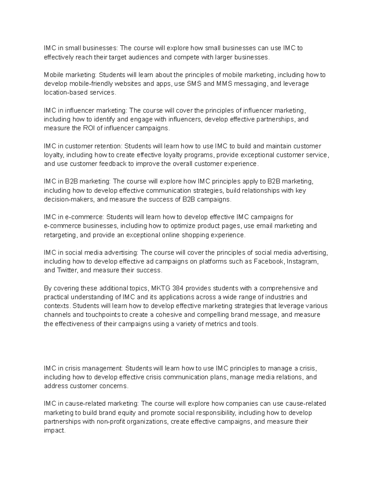 Integrated Marketing Communications (MKTG 384)#2 - IMC in small ...