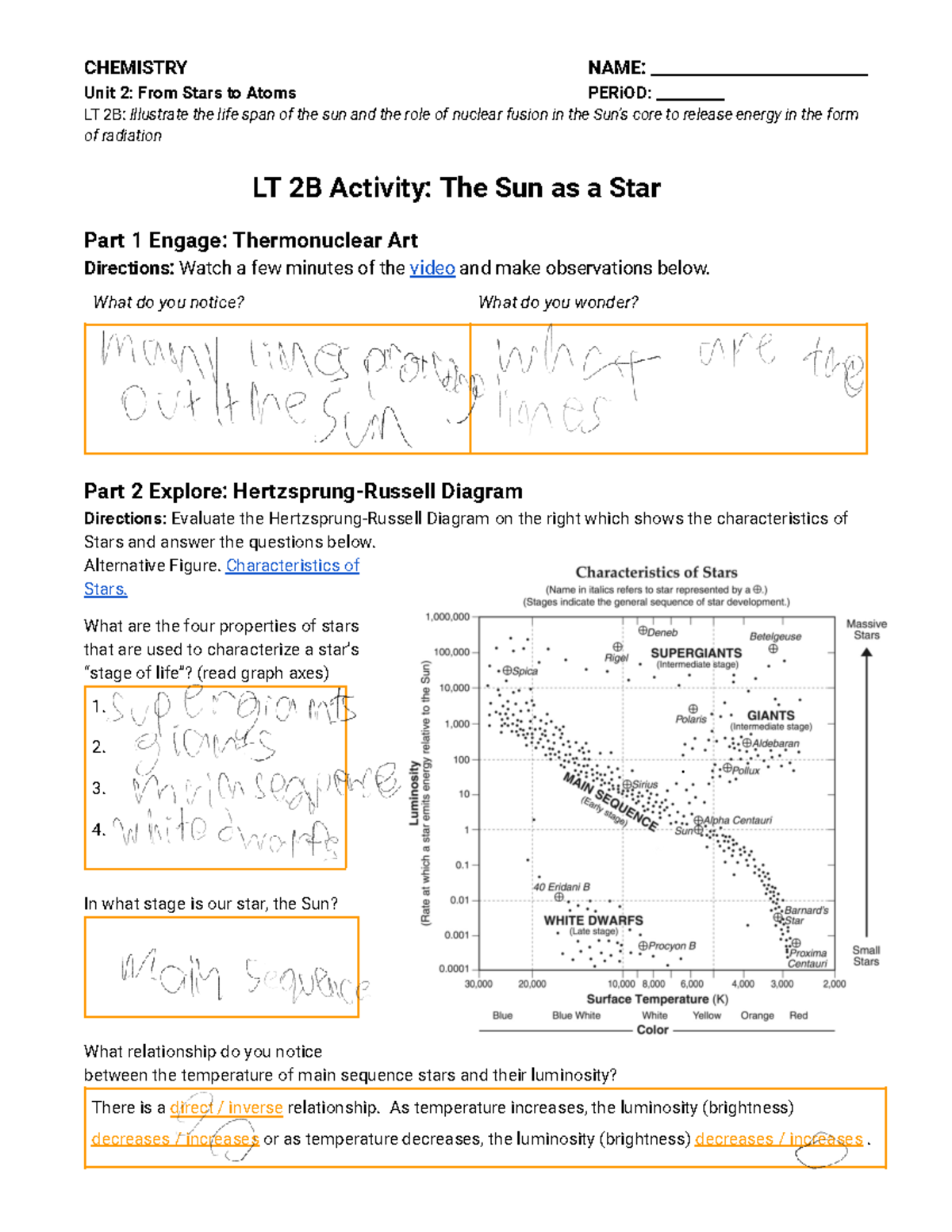 LT 2B Activity The Sun as a Star (2023-2024) - CHEMISTRY NAME