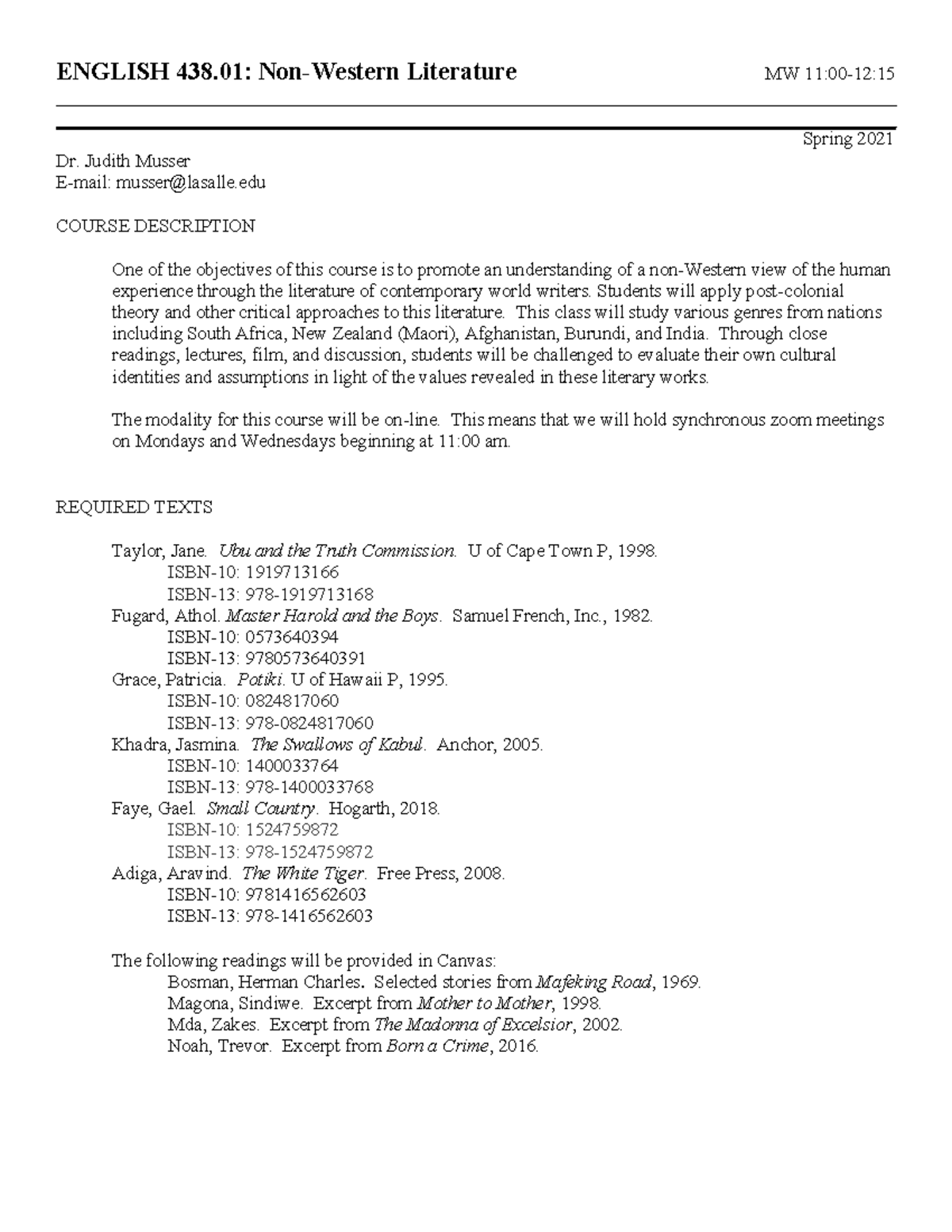 English 438-syllabus 2021-2 - ENGLISH 438: Non-Western Literature MW 11 ...