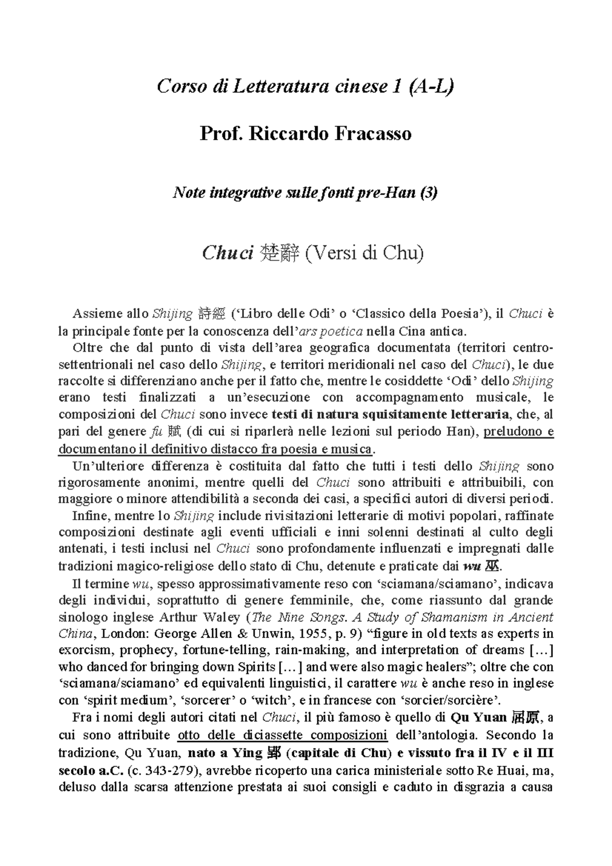 Il Chuci - filosofia 1 - Corso di Letteratura cinese 1 (A-L) Prof ...