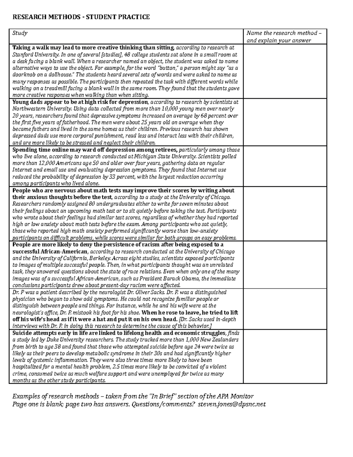 Research Methods Practice 1 - RESEARCH METHODS - STUDENT PRACTICE Study ...