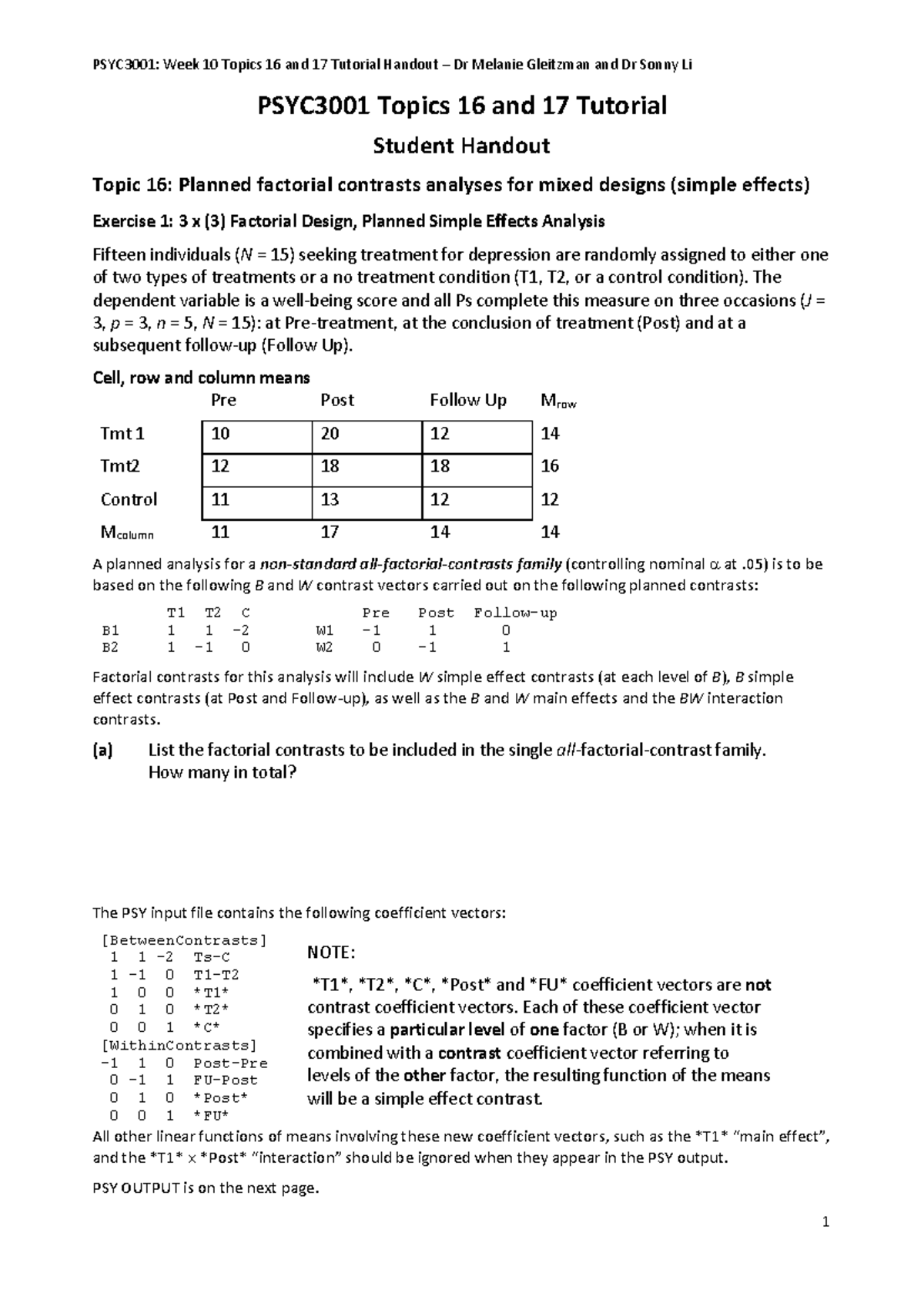 PSYC3001 Topics 16 and 17 Tutorial Handout 2024 - PSYC3001 Topics 16 ...