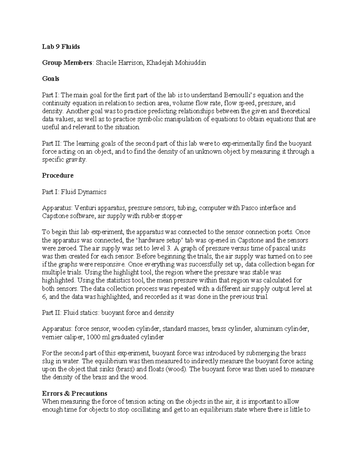 Lab 9 Fluids - Elementary Classical Physics I - Lab 9 Fluids Group ...