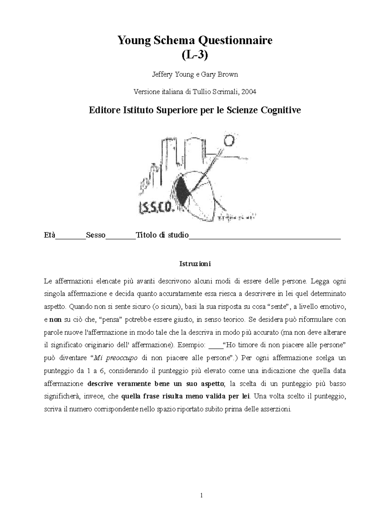 Young Schema Questionnaire test - Young Schema Questionnaire (L-3 ...