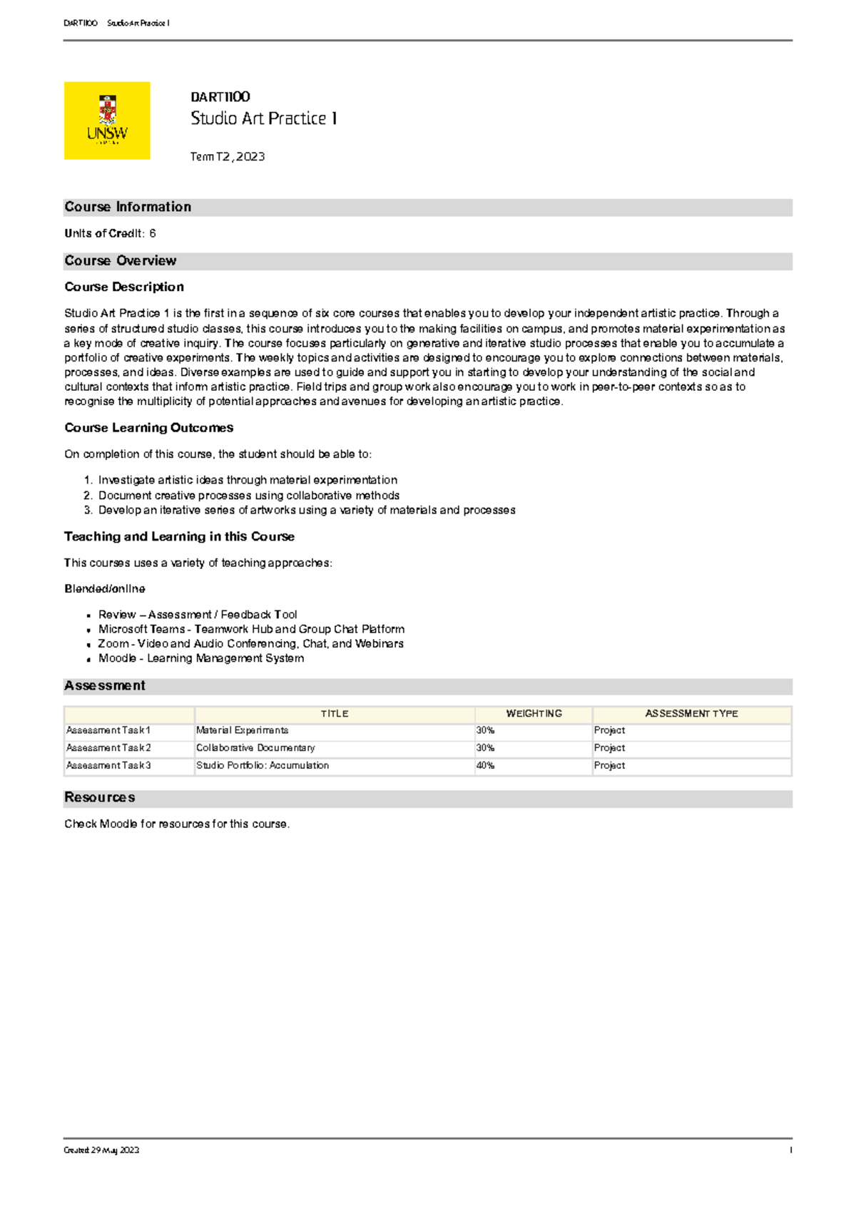 DART1100 - UNSW Sydney - Edit Course Art and the Body (DART2320) - Edit - Term T2 , 2023 Course ...