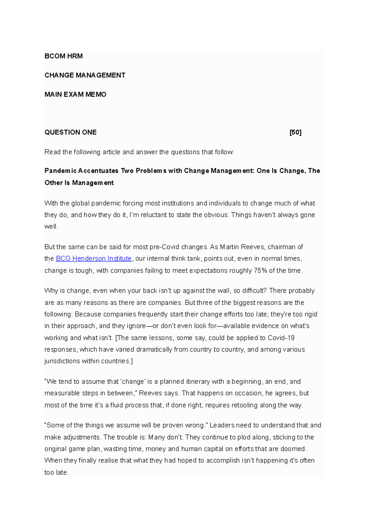 Bcomhr Change Management memo - BCOM HRM CHANGE MANAGEMENT MAIN EXAM ...