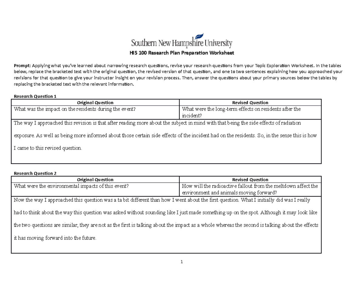 Research Plan Preparation Worksheet - In the tables revisions for that ...