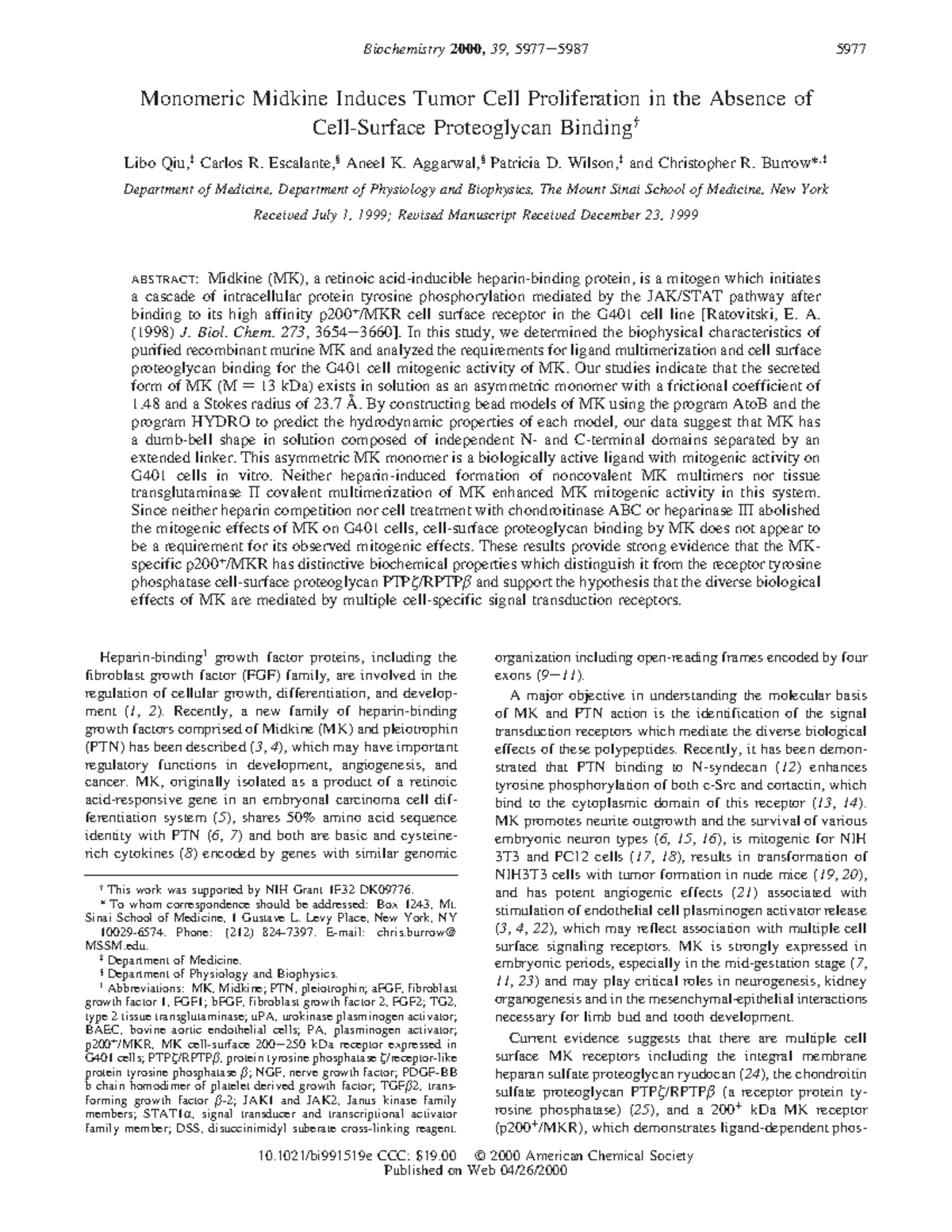 Monomeric Midkine Induces Tumor Cell Proliferation in the Absence of Cell-Surface Proteoglycan ...