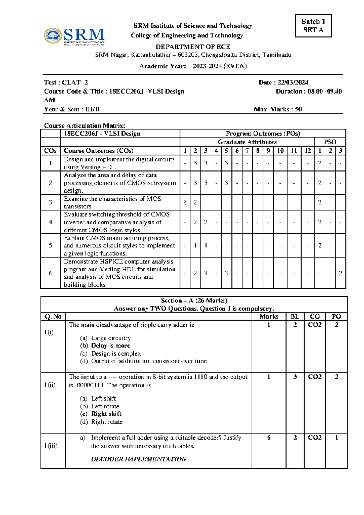 VLSI CT2 2023-2024 set C batch 2 - SRM Institute of Science and Technology College of ...