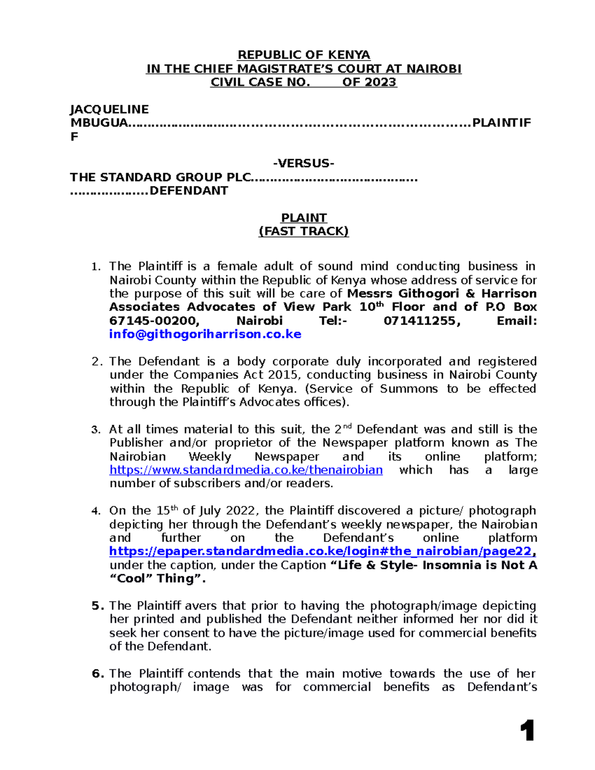 sample of a plaint - REPUBLIC OF KENYA IN THE CHIEF MAGISTRATE’S COURT ...