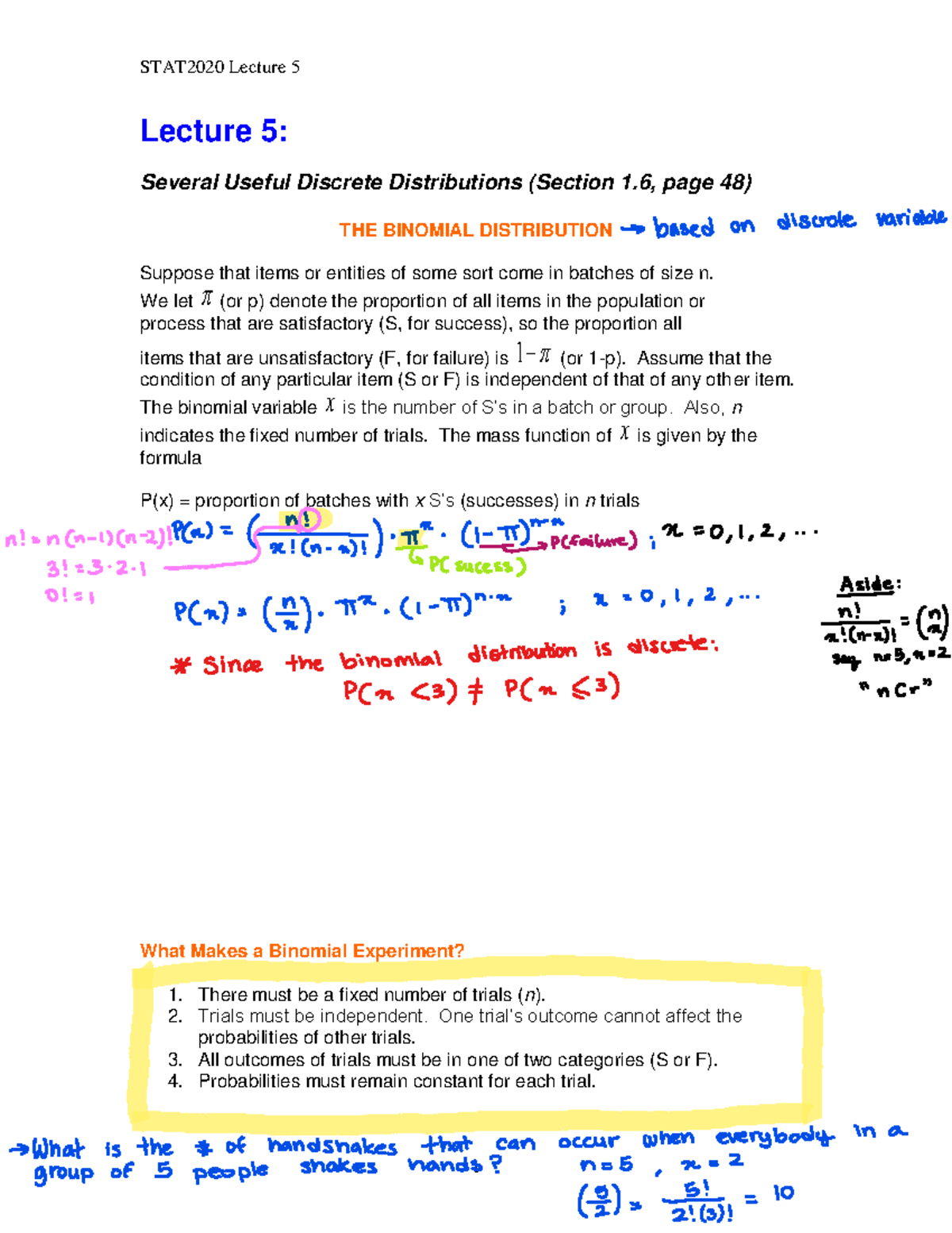 Lec5 - Lec5 - Lecture 5: Several Useful Discrete Distributions (Section 1, page 48) THE BINOMIAL ...