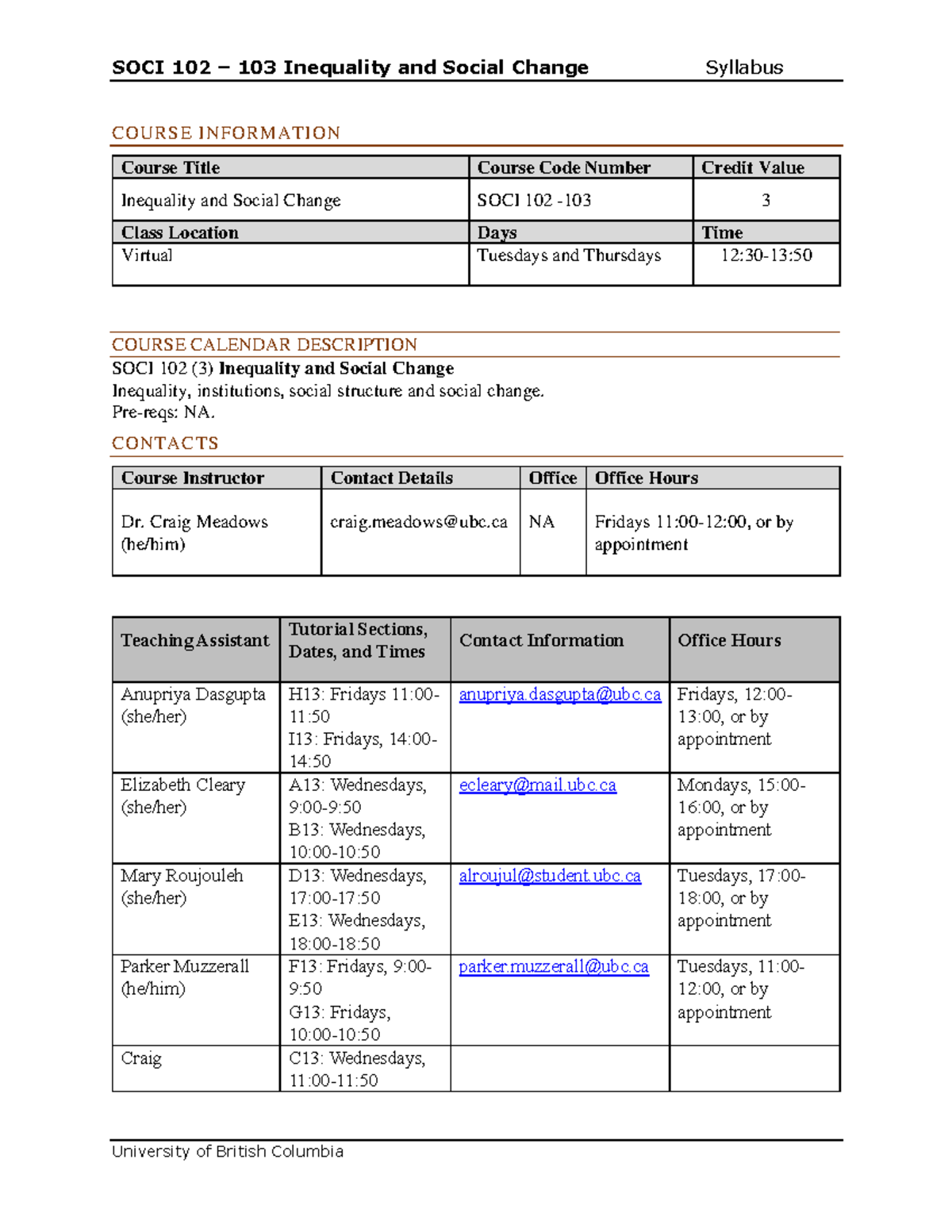 SOCI 102 F2020 Inequality and Social Change Syllabus - COURSE INFORMATION Course Title Course ...