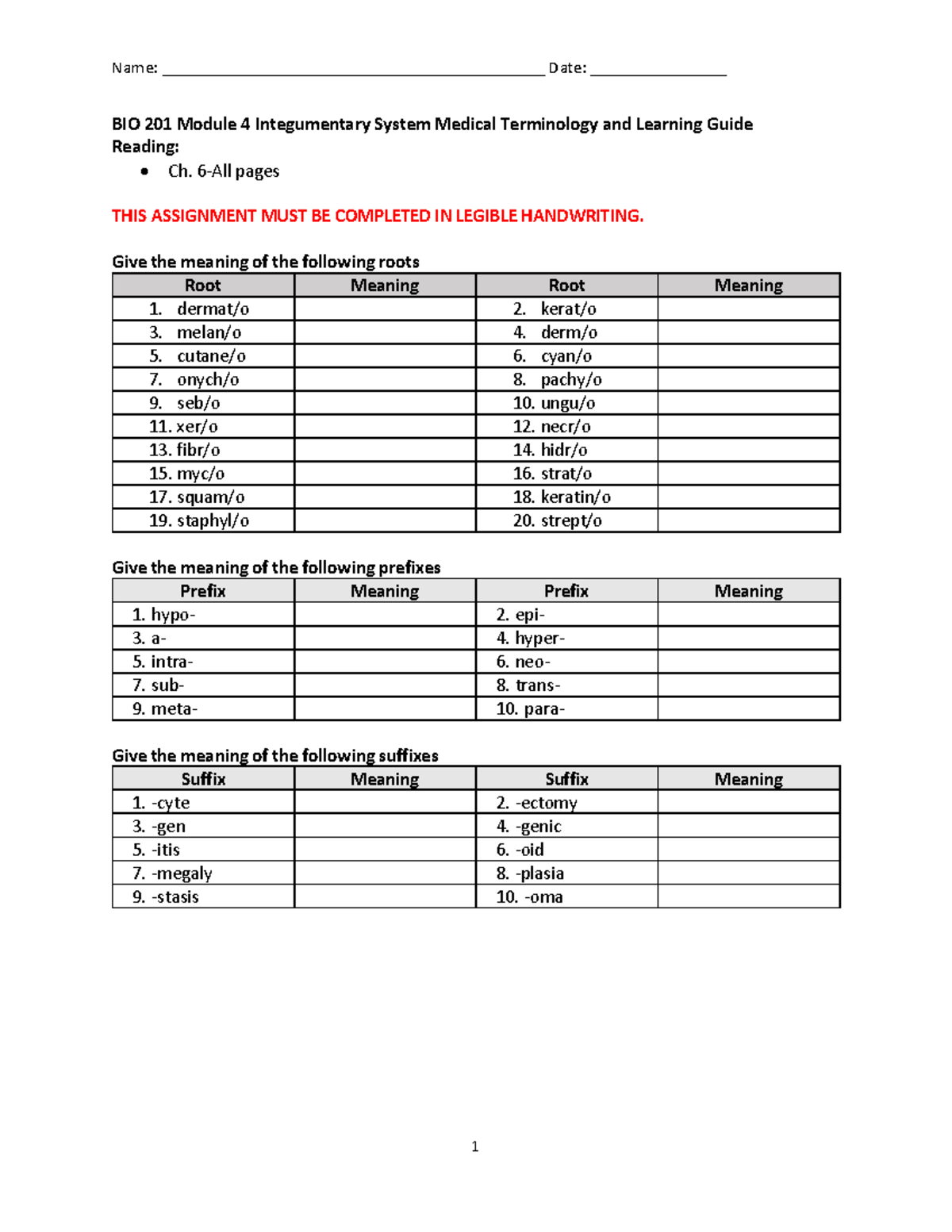 BIO 201 Module 4 Learning Guide-Integumentary System - BIO 201 Module 4 ...