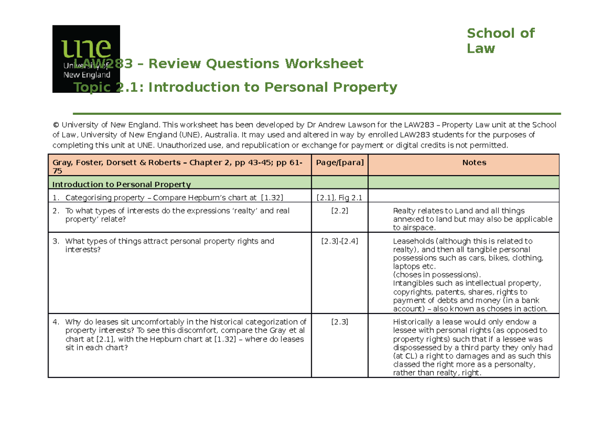Topic 2-1 Review Qs Personal Prop LAW283 v21 - School of Law LAW283 ...