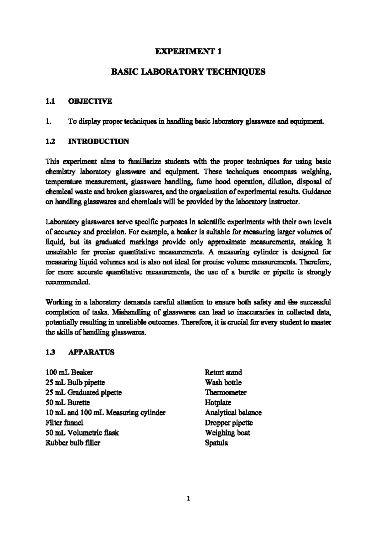 Experiment 1 - Report - EXPERIMENT 1 BASIC LABORATORY TECHNIQUES 1 ...