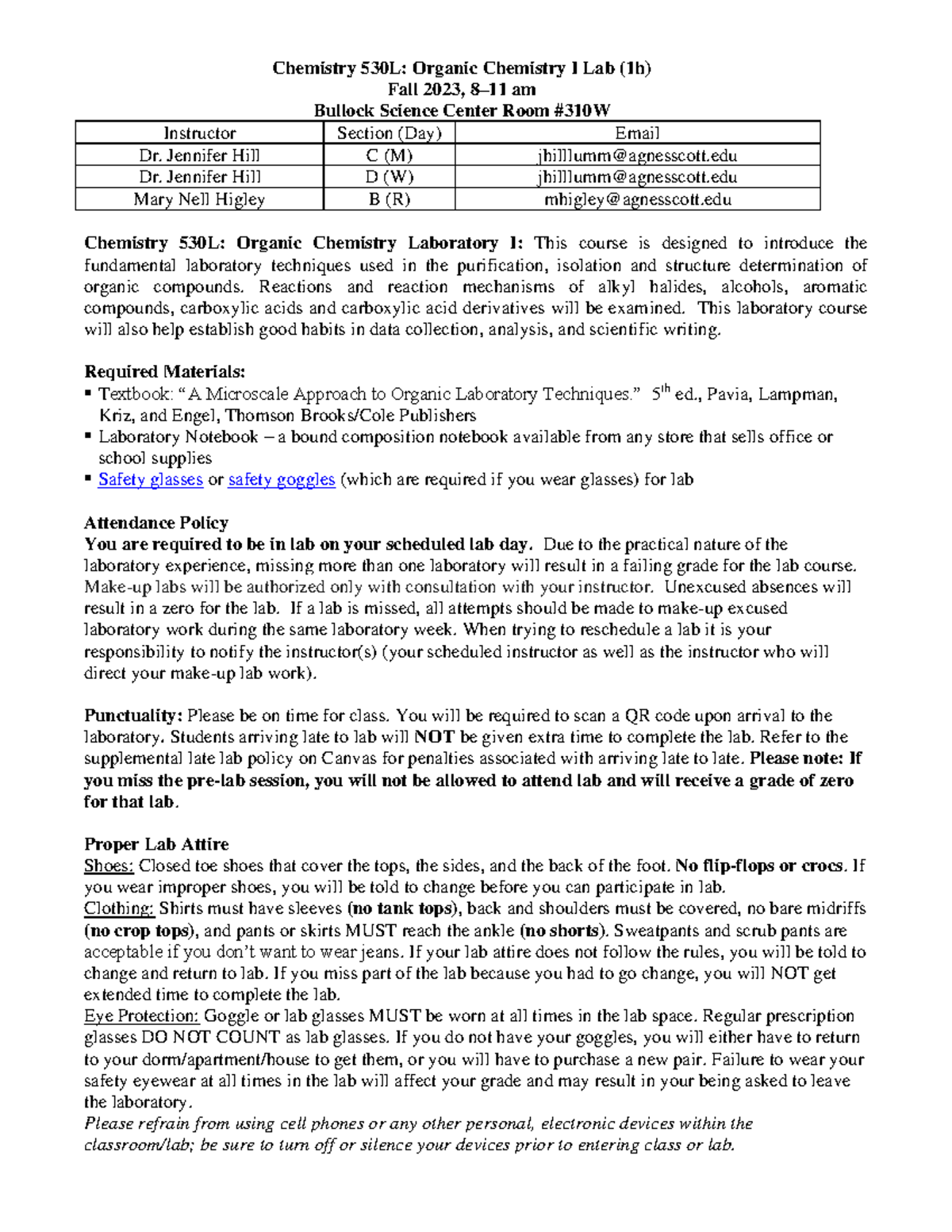 CHE530L Syllabus Fall 2023 - Chemistry 530L: Organic Chemistry I Lab ...