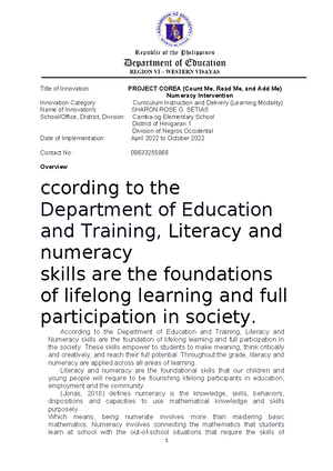 Action PLAN ON Numeracy Intervention Project Corea - ACTION PLAN ON ...