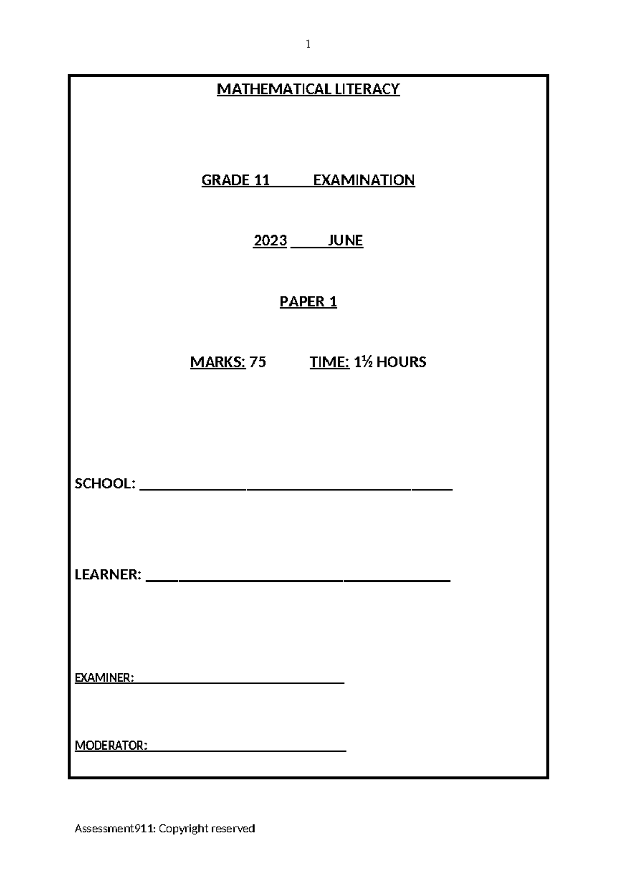 2023 TERM 2 Mathematical Literacy Grade 11 Paper 1 - MATHEMATICAL ...