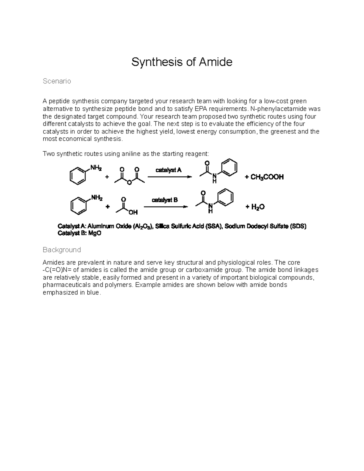 Amide Synthesis Planning Scenario and Background - Synthesis of Amide ...