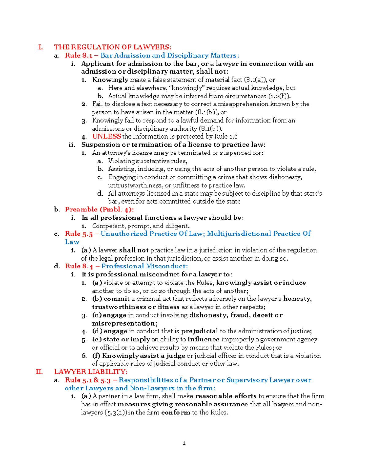 Best Professional Responsibility Outline - I. THE REGULATION OF LAWYERS ...
