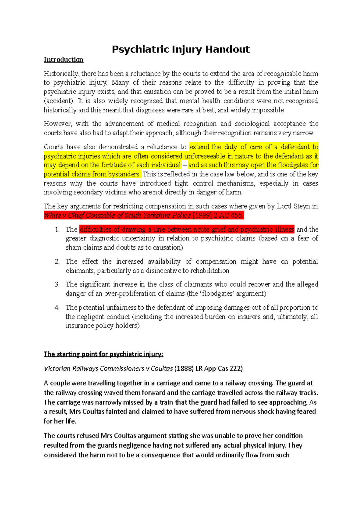 Psychiatric Injury Handout - Psychiatric Injury Handout Introduction ...