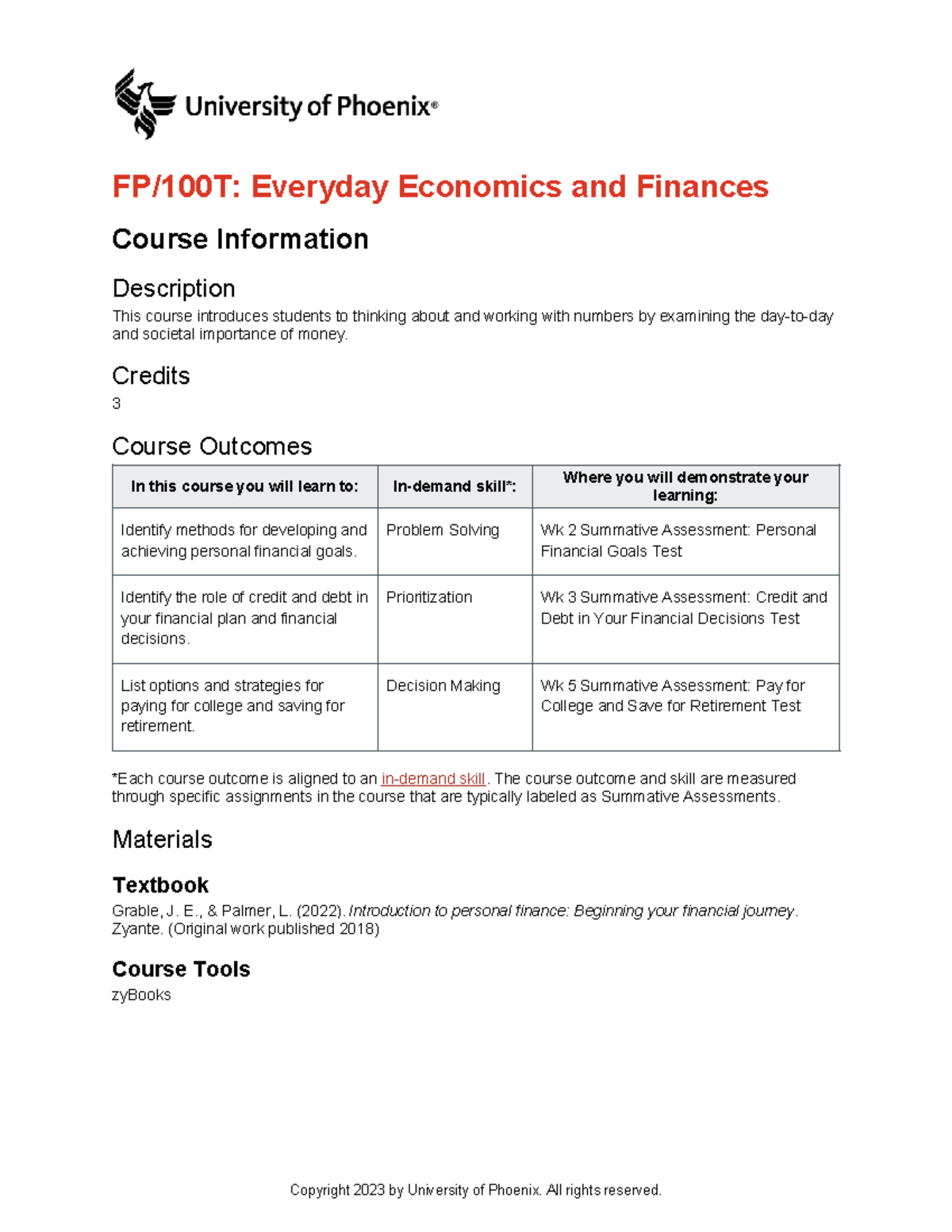 Fp100t v5 syllabus - week 1 - FP/100T: Everyday Economics and Finances Course Information - Studocu