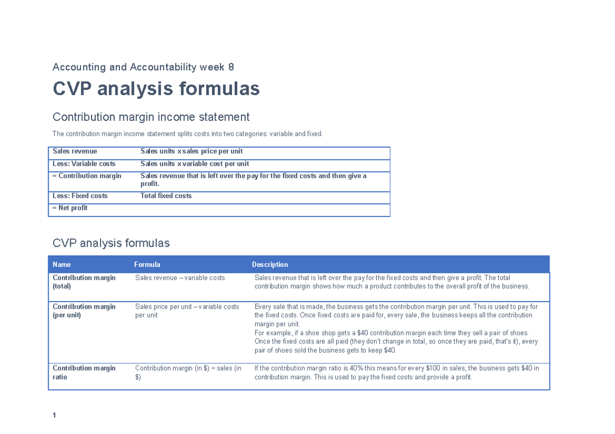CVP analysis formulas - Formula - Accounting and Accountability week 8 CVP analysis formulas ...