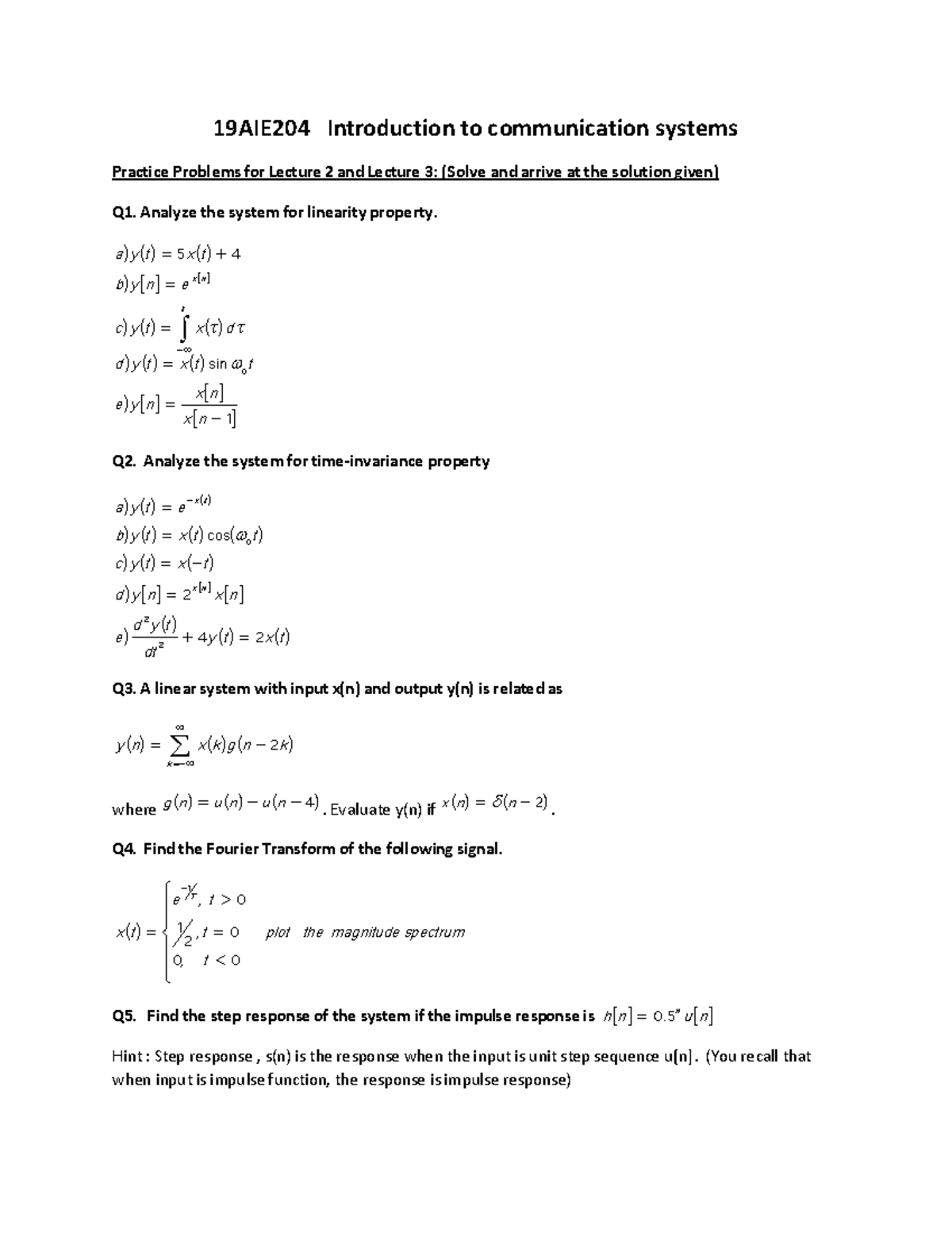 Practice Problems 19AIE204 - 19AIE204 Introduction to communication ...