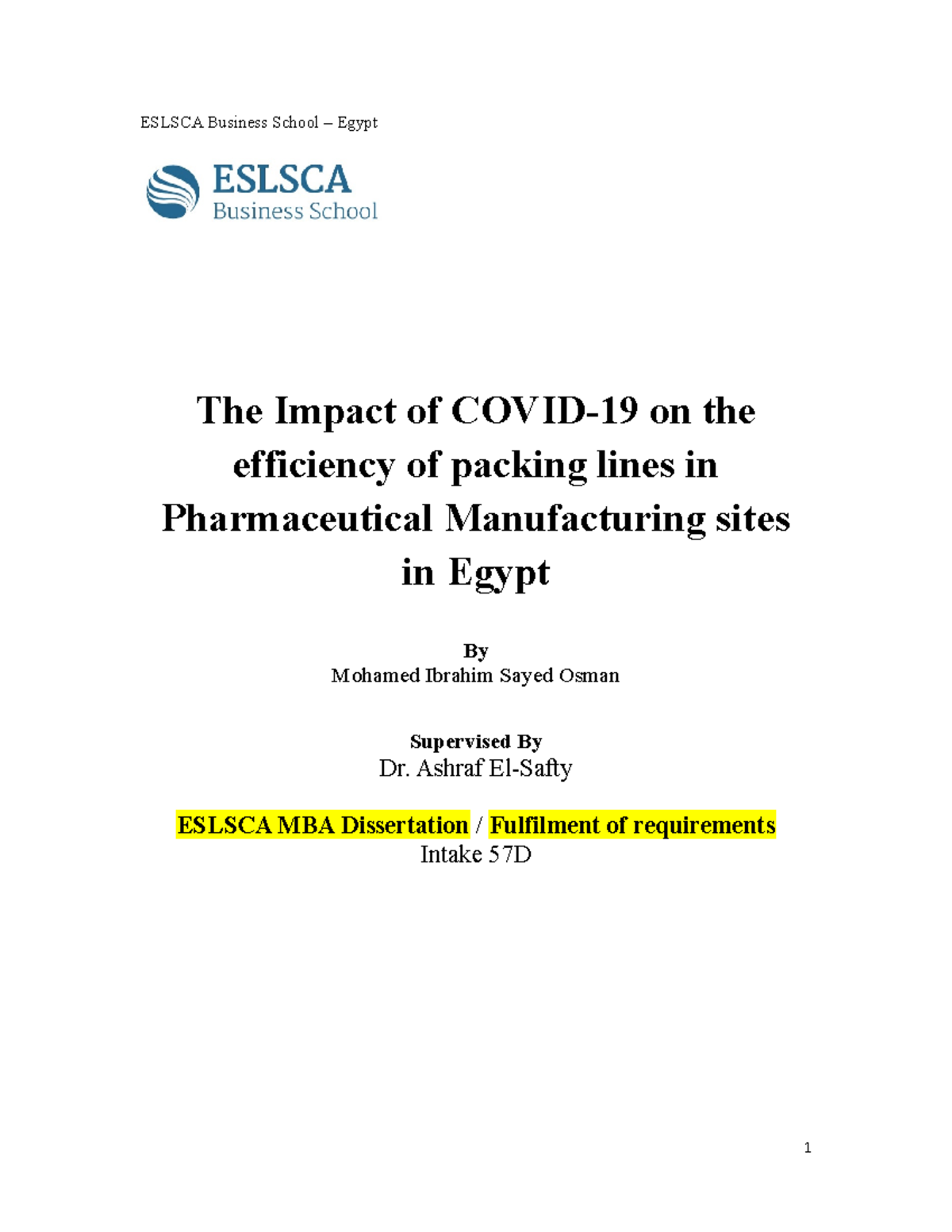 Research Progress Dr Ashraf Elsafty E SC 57D Mohamed Osman V4 - ESLSCA Business School – Egypt ...