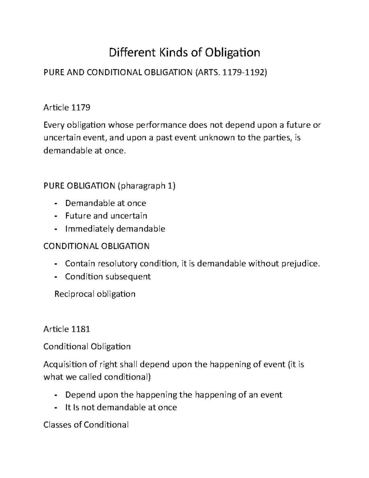 Different Kinds of Obligation - 1179-1192) Article 1179 Every ...