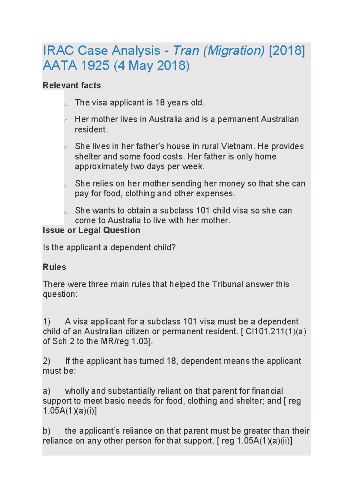 IRAC Case Analysis - Tran (Migration) [2018 ] AATA 1925 (4 May 2018 ...