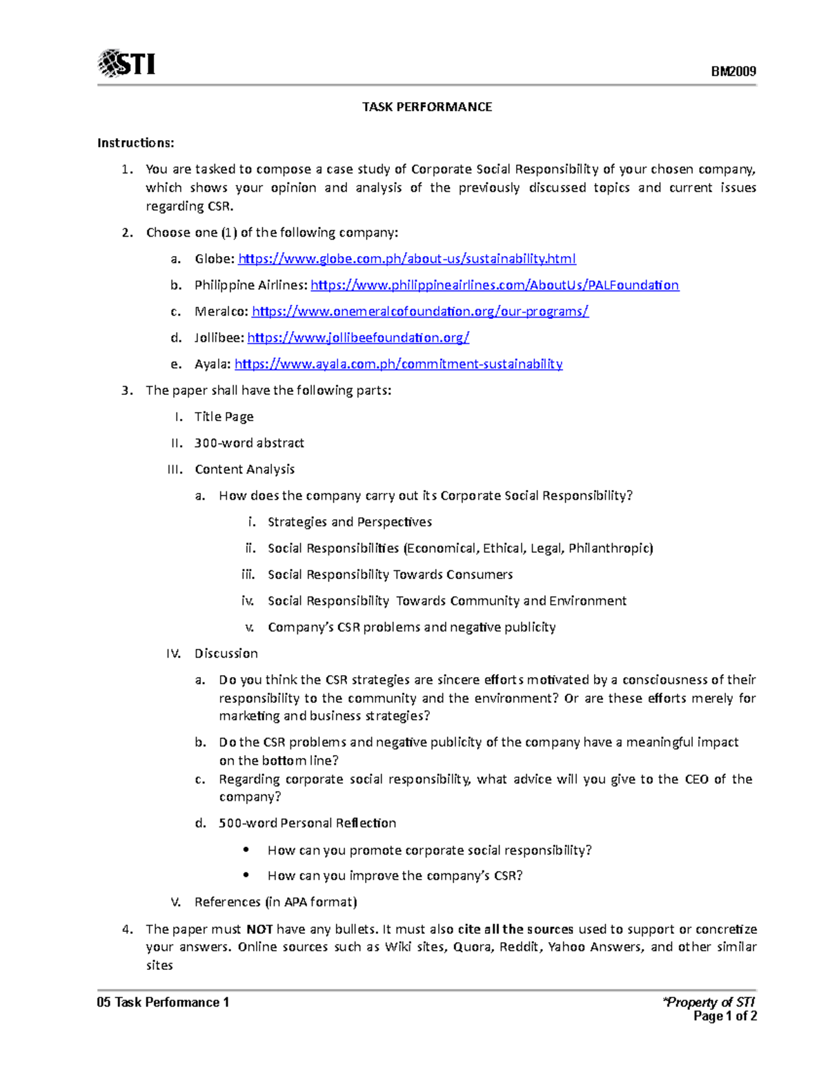Pract Case Study of Corporate Social Responsibility - BM 05 Task Performance 1 *Property of STI ...