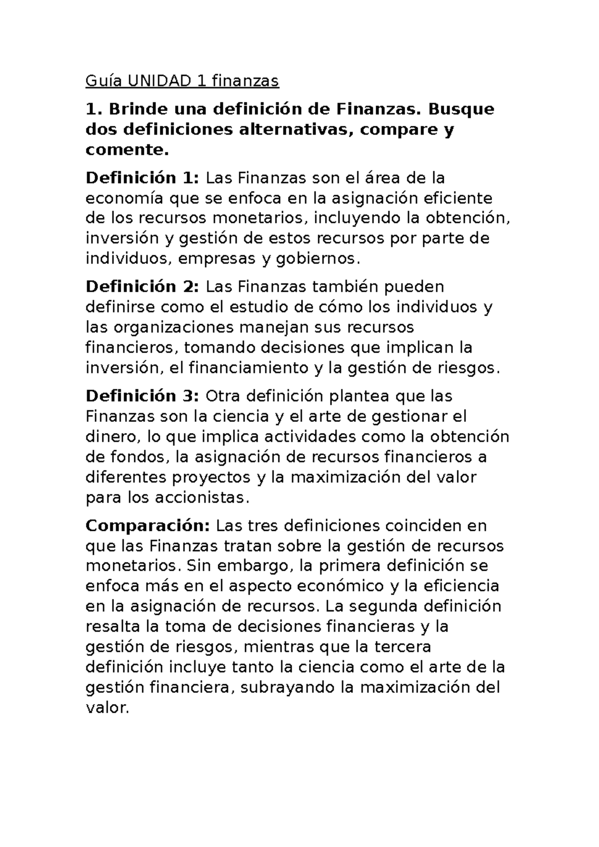Guía 1 unidad 1 finanzas - Guía UNIDAD 1 finanzas Brinde una definición ...