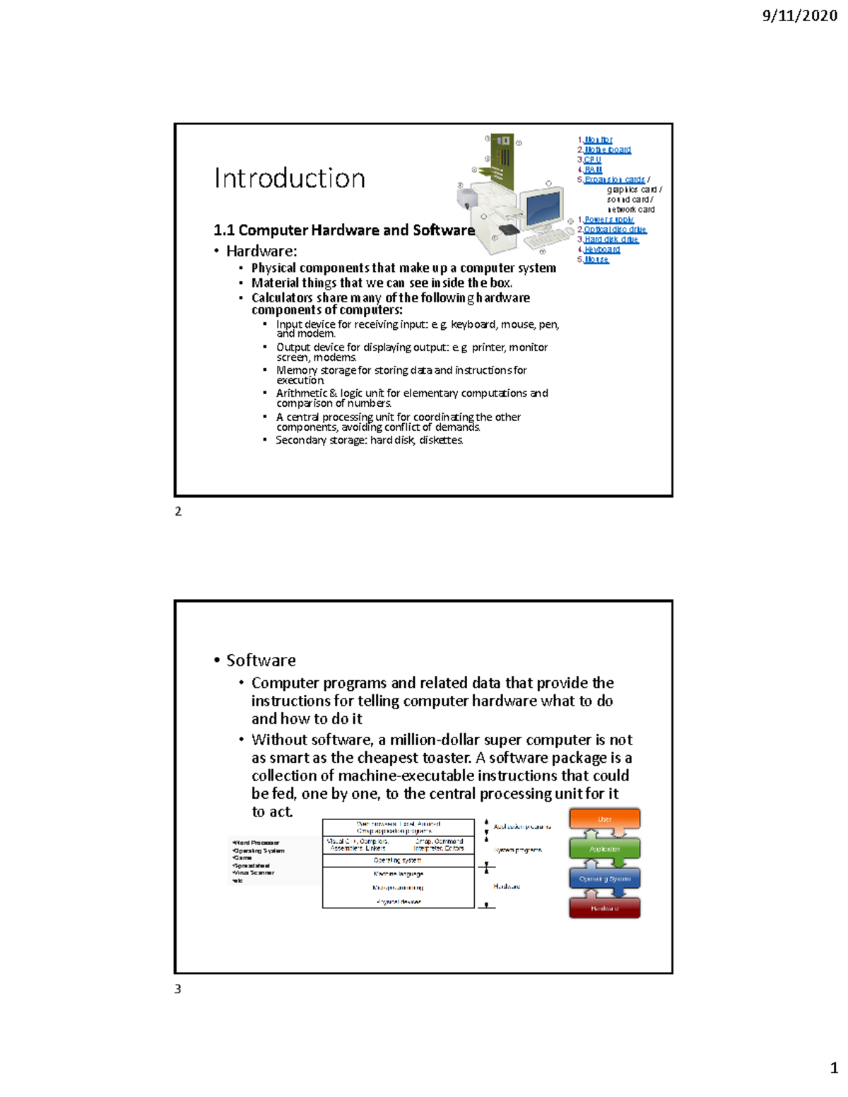 Lecture 1 - Notes - Introduction 1 SoftwareHardware: Computer - Studocu