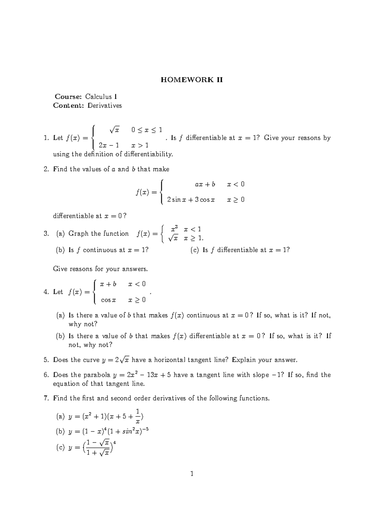 Derivatives Solved Questions - HOMEWORK II Course: Calculus I Content ...