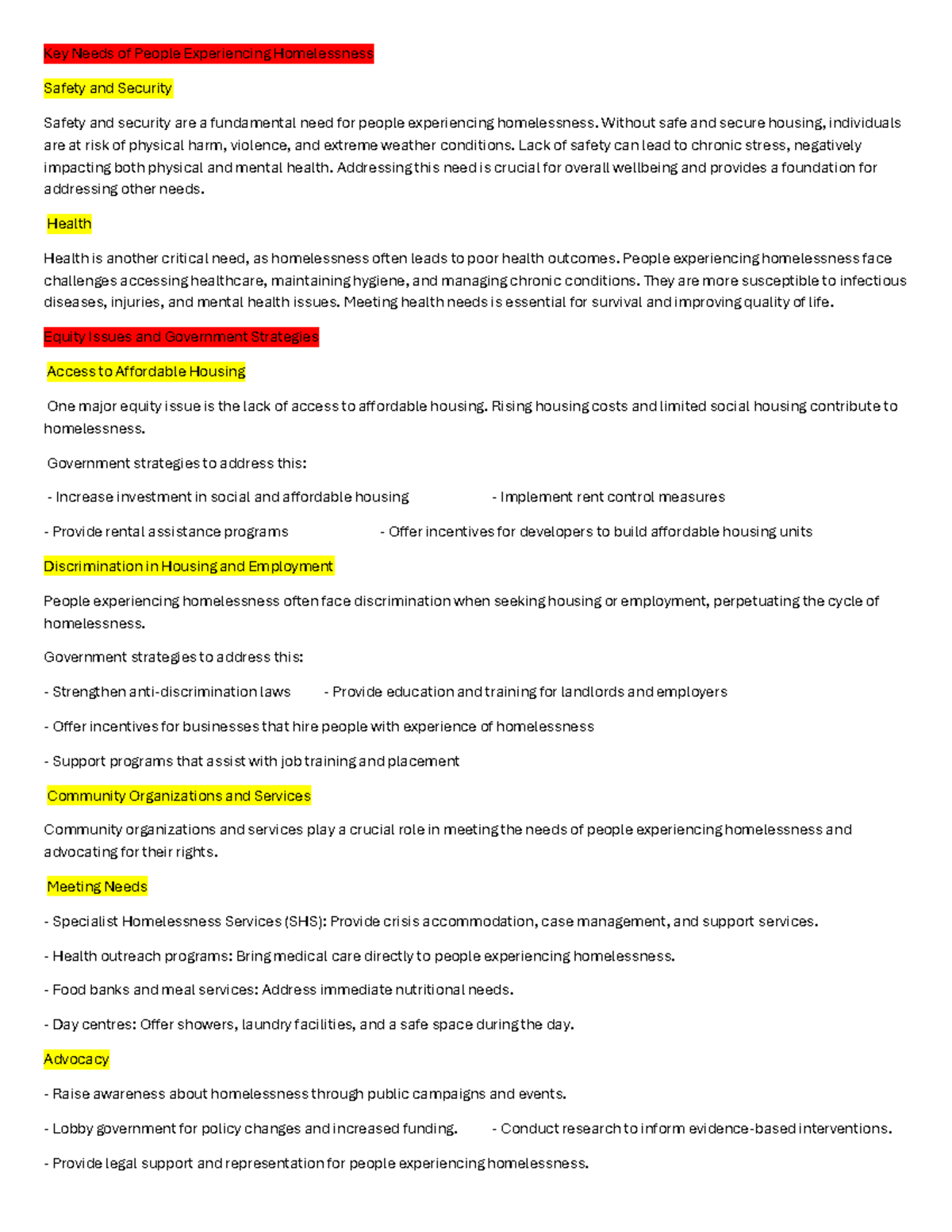 CAFS cheat sheet Final - Key Needs of People Experiencing Homelessness ...