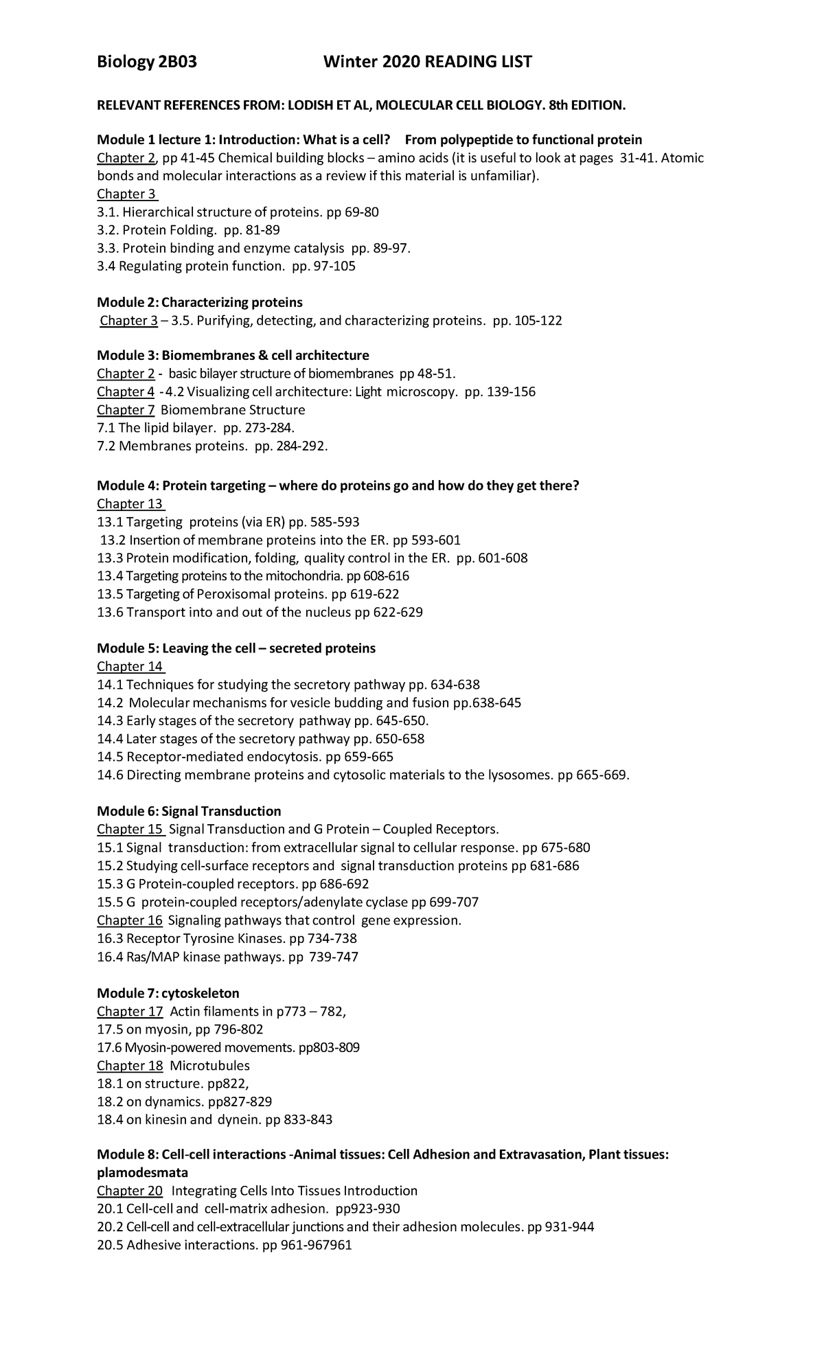 Textbook problems BIO 2B03 Suggested - Biology 2B03 Winter 2020 READING ...